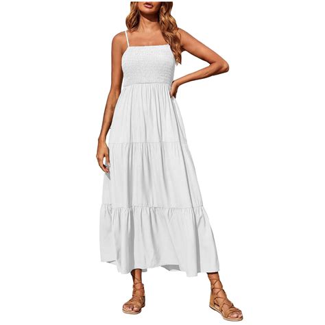 Byoimud Womens Bohemian Spaghetti Strap Smocked Tiered Long Beach Sun