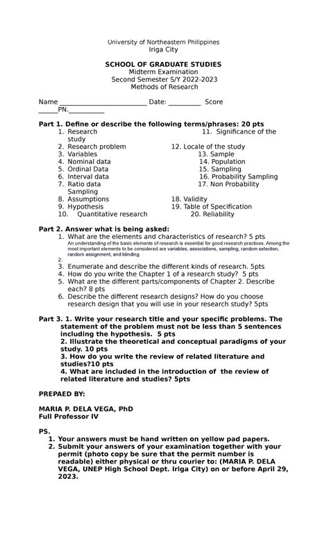 Midterm Exam In Methods Of Research University Of Northeastern Philippines Iriga City Babe