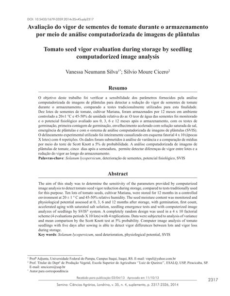 Pdf Tomato Seed Vigor Evaluation During Storage By Seedling Computadorized Image Analysis