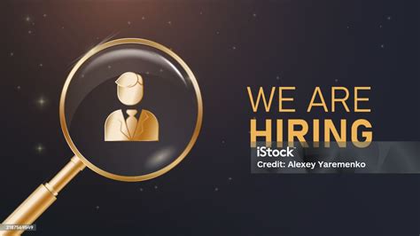 포스터를 고용하고 있습니다 넥타이를 가진 남자의 아바타에 황금 돋보기 회사 또는 조직에 대한 헤드헌팅 및 모집 포스터 또는 배너 현실적인 벡터 일러스트 레이 션 검색에 대한