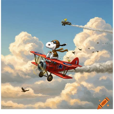Snoopy As A Wwi Flying Ace Wearing A Helmet And Scarf Sitting Atop A