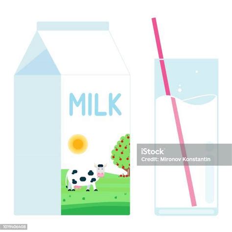 필드와 흰색 배경에 고립 밀 짚 평면 스타일 디자인 벡터 일러스트와 함께 우유의 유리에 암소와 일기 제품 우유 팩 우유와 유리의 최소한의 평면 디자인 상자 패키지 0명에