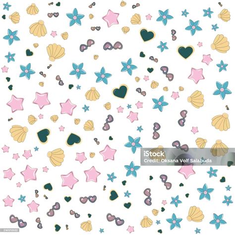 흰색 배경에 선글라스와 하트가 있는 별 여름 패턴입니다 벡터 일러스트 레이 션 개체 그룹에 대한 스톡 벡터 아트 및 기타 이미지