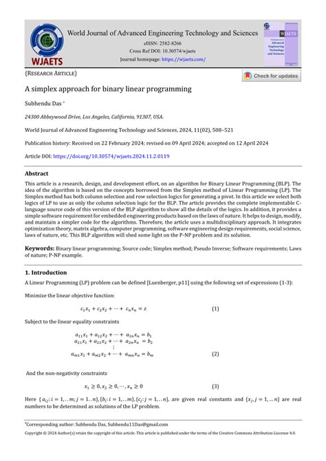Pdf A Simplex Approach For Binary Linear Programming