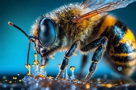 Honey Bee With Water Drops Close Up Neural Network Ai Generated Stock Illustration