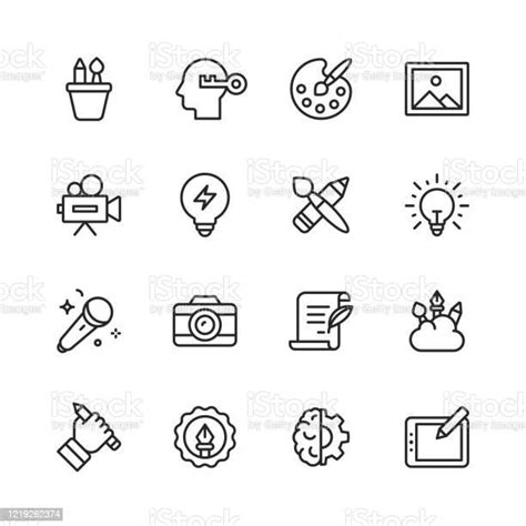 예술과 창의력 라인 아이콘 편집 가능한 스트로크입니다 픽셀 완벽한 모바일 및 웹용 예술 창의성 그림 그림 사진 쓰기 상상력 혁신