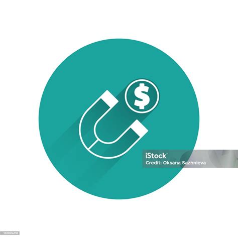 긴 그림자로 고립 된 돈 아이콘흰색 자석 투자 유치의 개념 대기업 이익 매력과 성공 녹색 원 버튼입니다 벡터 첫눈에 반함에 대한