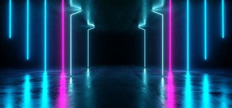 네온 불빛 그래픽 빛나는 보라색 블루 활기찬 가상 공상 과학 Fi 미래 터널 스튜디오 무대 건설 차고 연단 우주선 밤 어두운 콘크리트 그런 지 3d 렌더링 0명에 대한 스톡