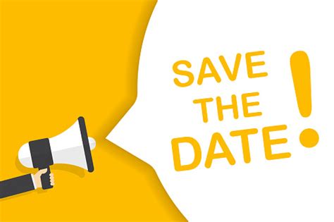 비즈니스 마케팅 전단지 배너 프리젠 테이션 및 포스터를위한 복사 공간이있는 날짜 음성 버블 배너 벡터를 저장하는 메가 폰을 들고 손 그림 세일에 대한 스톡 벡터 아트 및