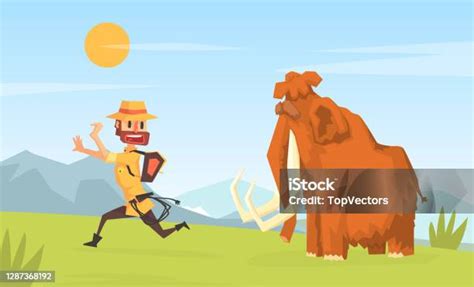 매머드에서 도망가는 남자 고고학자 고고학 발굴 만화 벡터 일러스트레이션에 종사하는 과학자 캐릭터 0명에 대한 스톡 벡터 아트 및 기타 이미지 Istock