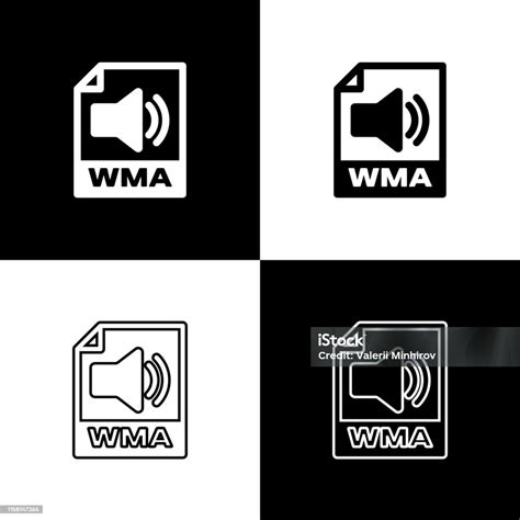 Wma 파일 문서 아이콘을 설정합니다 흑백 배경에 격리 Wma 버튼 아이콘을 다운로드합니다 Wma 파일 기호입니다 Wma 음악 형식 기호입니다 벡터 일러스트레이션 0명에