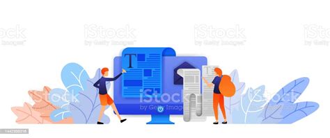 모니터에서 에세이를 읽고 검토하는 학생들 E러닝 튜토리얼 벡터 일러스트레이션 개념 방문 페이지 웹 Ui 배너 전단지 포스터 서식 파일 배경 Ui를 사용한 학습 및 교육