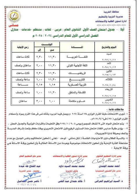 جدول امتحانات الصف الأول الثانوي الترم الأول 2025 بمحافظة الغربية الوطن