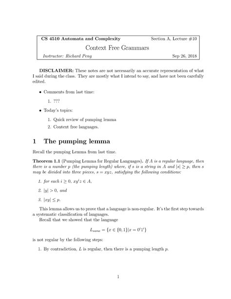 Fa18 Sep26 Cfg Class Notes Cs 4510 Automata And Complexity Section A Lecture Context Free