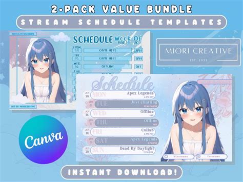 2 Pack Blue Vtuber Schedule Template Sky Stream Schedule Twitch