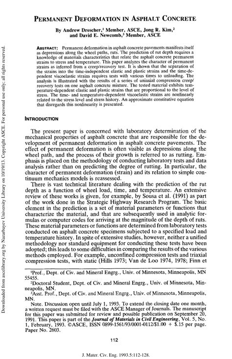 Pdf Permanent Deformation In Asphalt Concrete