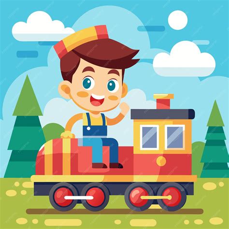 A Cartoon Of A Boy Riding A Toy Train With A Train On The Top Premium