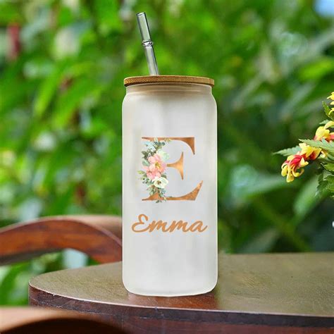 Custom Initial And Name Floral Glass Cup Bamboo Lid Glass Cup Tumbler Bachelorette Party Tumbler