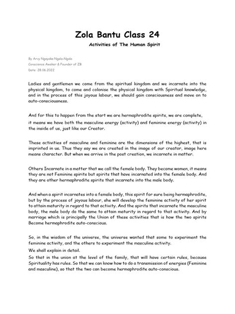 Zola Bantu Class 24 Activities Of The Spirit Pdf Femininity Masculinity