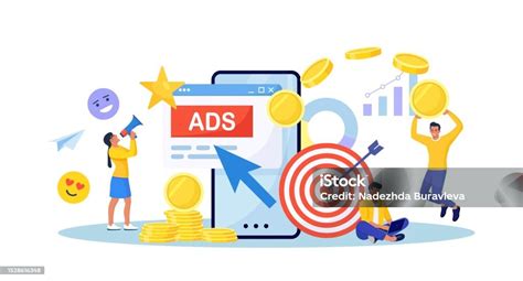 클릭당 지불 개념 인터넷 광고 마케팅 Ppc 사업 Cpc 기술 스폰서 상장 작은 캐릭터가 광고 버튼을 클릭하는 커서와 함께 전화 화면 근처에 서 있습니다 웹 검색 페이 퍼