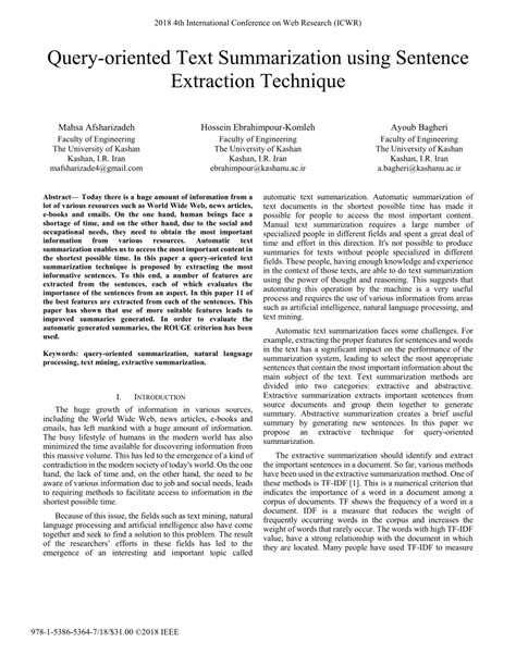 Pdf Query Oriented Text Summarization Using Sentence Extraction Technique