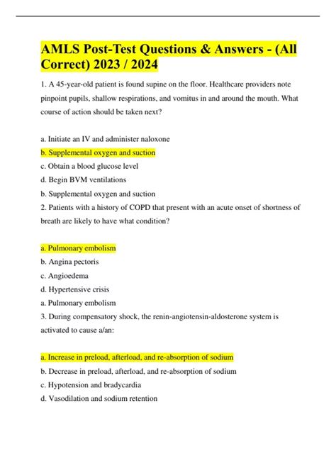 Amls Post Test Questions And Answers All Correct 2023 2024 Amls Stuvia Us
