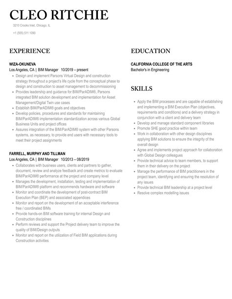 BIM Manager Resume Samples Velvet Jobs