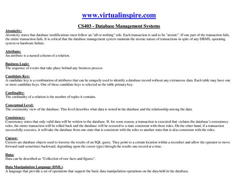 CS403 Midterm Short Notes CS403 Database Management Systems Atomicity Atomicity States That