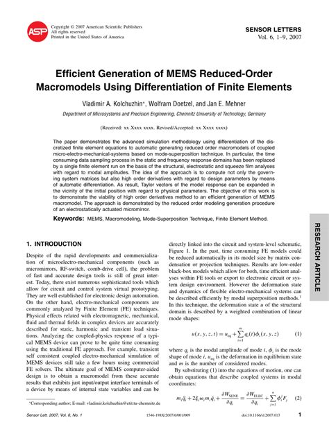 Pdf Efficient Generation Of Mems Reduced Order Macromodels Using Differentiation Of Finite