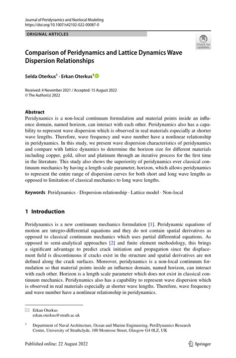 Pdf Comparison Of Peridynamics And Lattice Dynamics Wave Dispersion Relationships