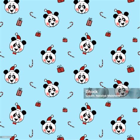 산타 모자팬더와 매끄러운 패턴 이 일러스트는 새해 를 테마로 판지 스타일로 그려집니다 직물 종이 및 기타 품목을 위한 디자인