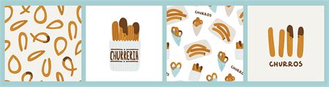 츄로스 벡터 일러스트 레이 션과 츄레리아 를위한 원활한 패턴 세트 아침 식사를위한 스페인어 마드리드 또는 멕시코 전통 패스트리