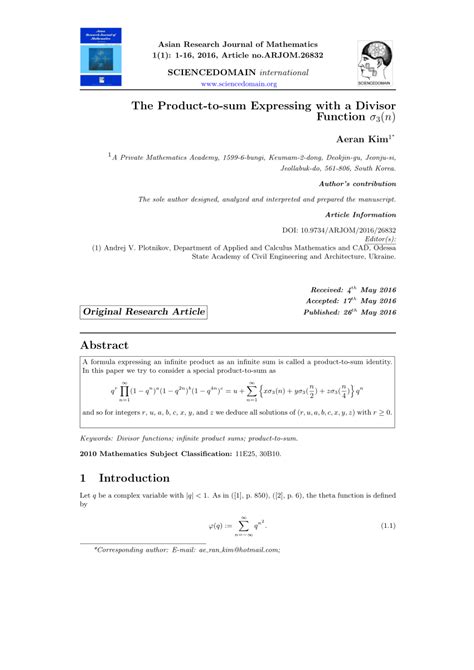 Pdf The Product To Sum Expressing With A Divisor Function σ3n