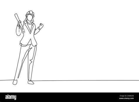 Single One Line Drawing Female Architect Stood With Celebrate Gesture