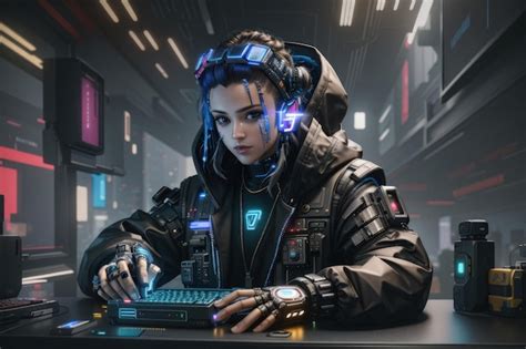 Premium Ai Image Futuristic Cyberpunk Hacker In A Neondrenched Alley Generative Ai