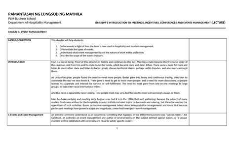 Module Event Management PAMANTASAN NG LUNGSOD NG MAYNILA PLM Business Babe Department Of