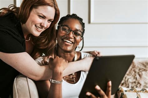 Premium Photo Lesbian Couple Taking A Selfie With A Digital Tablet