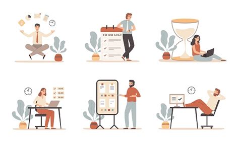 작업 시간 관리 랩톱 컴퓨터 플랫 벡터 일러스트레이션 세트로 작업하는 일정 작업 마감 전략 및 사무실 사용자 경영자에 대한 스톡 벡터 아트 및 기타 이미지 Istock