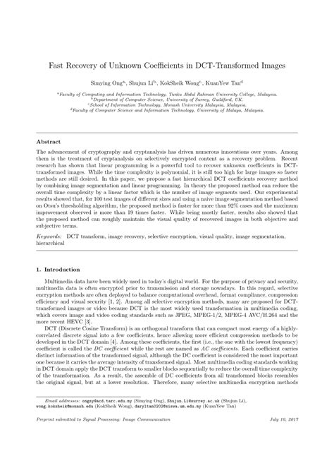 Pdf Fast Recovery Of Unknown Coefficients In Dct Transformed Images