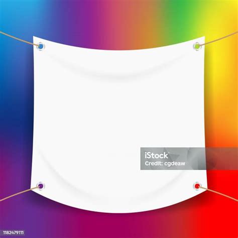 화려한 예술 배경에 고립 된 비닐 배너 빈 흰색 배너 광고 스탠드 매달려 컬러 페인트 무지개 색상 프레임에 실내 야외 직물 비닐 빈 섬유 직물을 조롱 0명에 대한 스톡 벡터