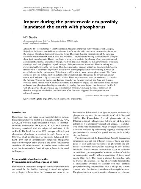 Pdf Impact During The Proterozoic Era Possibly Inundated The Earth With Phosphorus