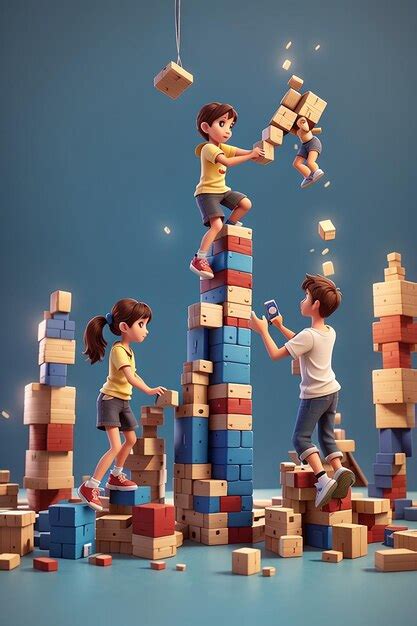 Premium Ai Image Young People Playing Stacking Blocks 3d Character