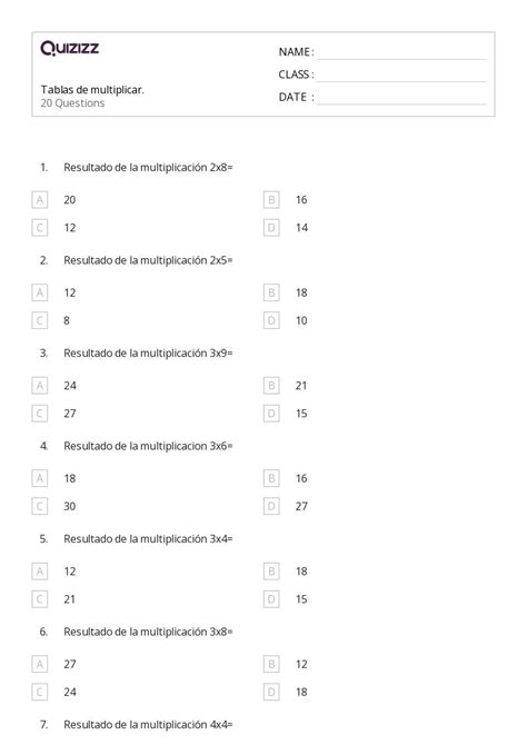50 Problemas De Multiplicación De Un Dígito Hojas De Trabajo Para
