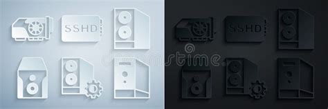 Set Case Of Computer Uninterruptible Power Supply Sshd Card And Video Graphic Icon Vector