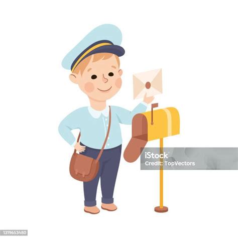 우체부 직업 벡터 일러스트를 묘사 하는 우편함에 편지를 넣어 쾌활 한 소년 놀기에 대한 스톡 벡터 아트 및 기타 이미지 놀기
