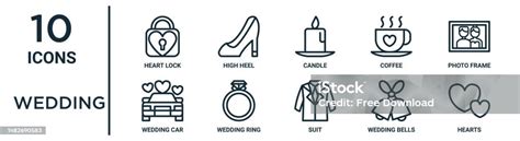 웨딩 개요 아이콘 세트에는 얇은 라인 하트 잠금 장치 촛불 사진 프레임 결혼 반지 결혼 종소리 하트 보고서 프리젠 테이션 다이어그램 웹 디자인을위한 자동차 아이콘이