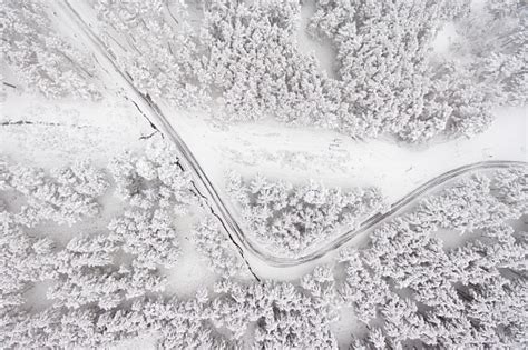 겨울철에는 도로와 숲의 공중 전경을 조망할 수 있습니다 눈 덮인 숲 자연 겨울 풍경입니다 겨울에 대한 스톡 사진 및 기타 이미지 Istock