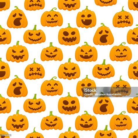 무서운 얼굴 공포 와 오렌지 할로윈 패턴 원활한 패턴은 흰색 배경에 고립 된 평면 스타일의 디자인 벡터 일러스트레이션 10월에