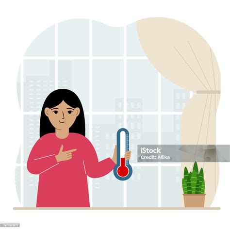방의 온도를 측정하는 장치가있는 창문 근처의 어린 소녀 가을에 대한 스톡 벡터 아트 및 기타 이미지 가을 계절 규모 Istock