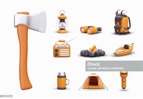 캠핑을 위한 3d 일러스트레이션의 큰 세트입니다 흰색 배경에 그림자가 있는 10개의 벡터 이미지 3차원 형태에 대한 스톡 벡터 아트 및 기타 이미지 Istock